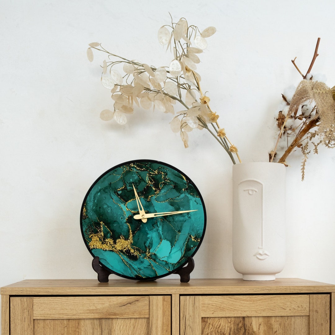 Marble Wall Clock, Green Gold Marble Clock, Turquoise Wall Clock ...