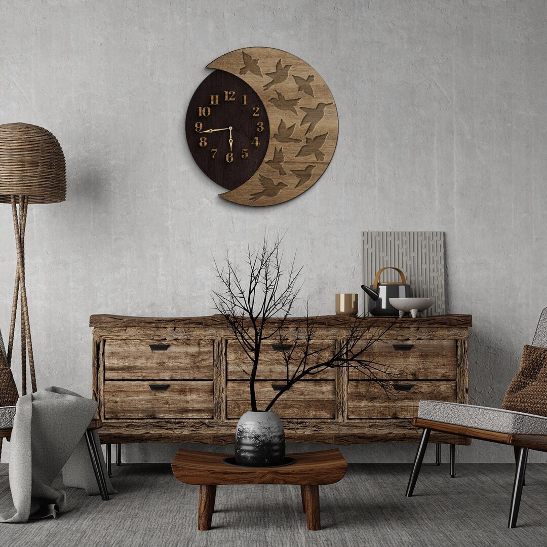 Bird Wall Clock, Unique Wall Clock Large, Engraved Clock, Wooden Wall ...