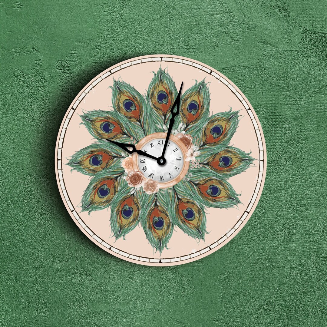 Peacock Clock, Peacock Feathers Clock, Bird Wall Clock, Green Clock ...