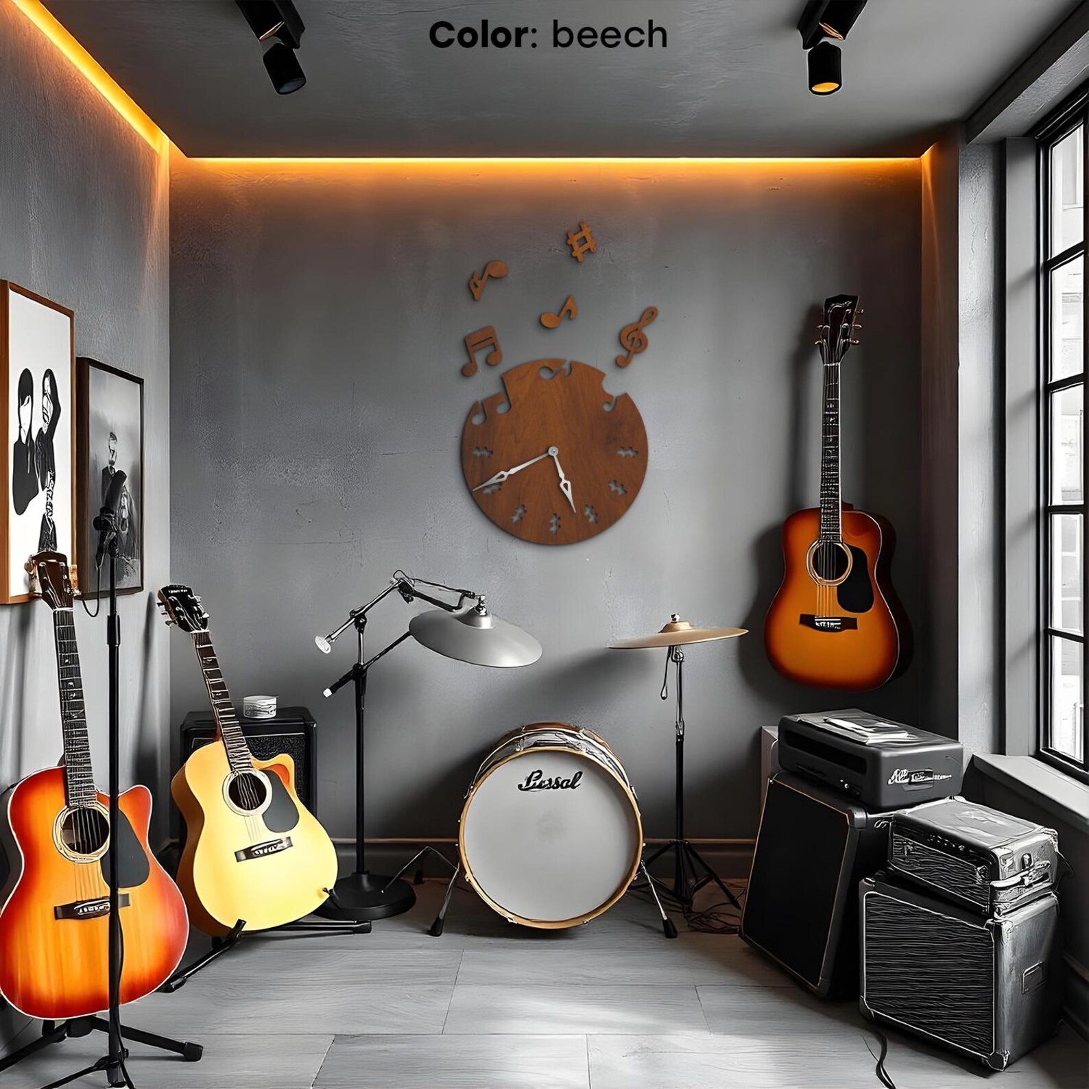 Wall Clock Music Theme, Wooden Clock Silent, Music Note Clock, Jazz ...