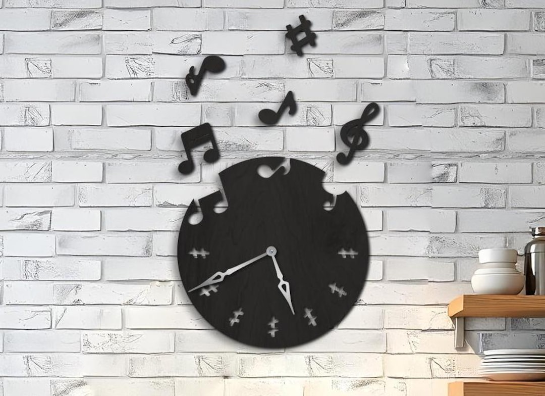 Wall Clock Music Theme, Wooden Clock Silent, Music Note Clock, Jazz ...