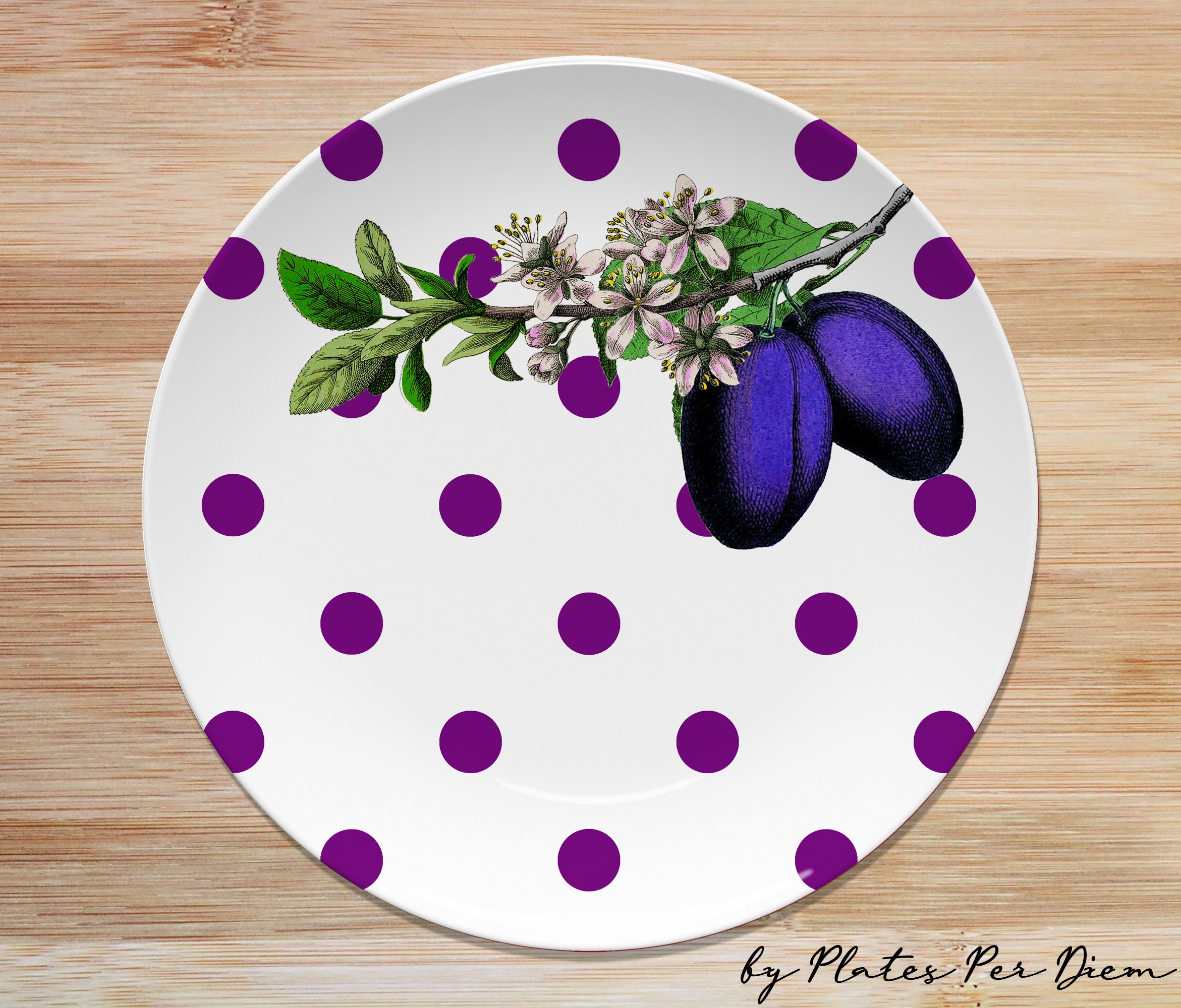 Fruit and Polka Dots Dinner Plate Set With Lemons, Cherries, Plums and ...