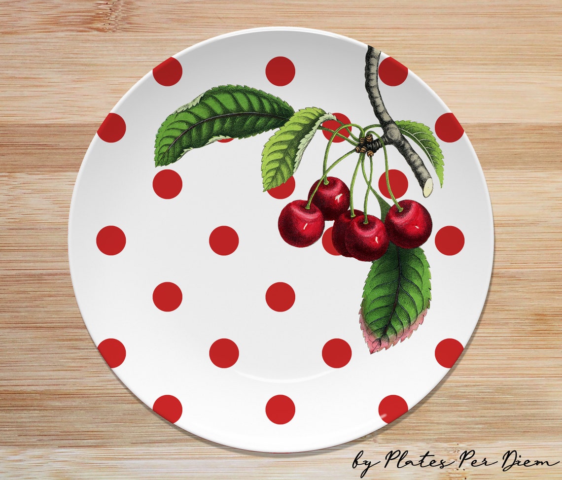 Fruit and Polka Dots Dinner Plate Set With Lemons, Cherries, Plums and ...