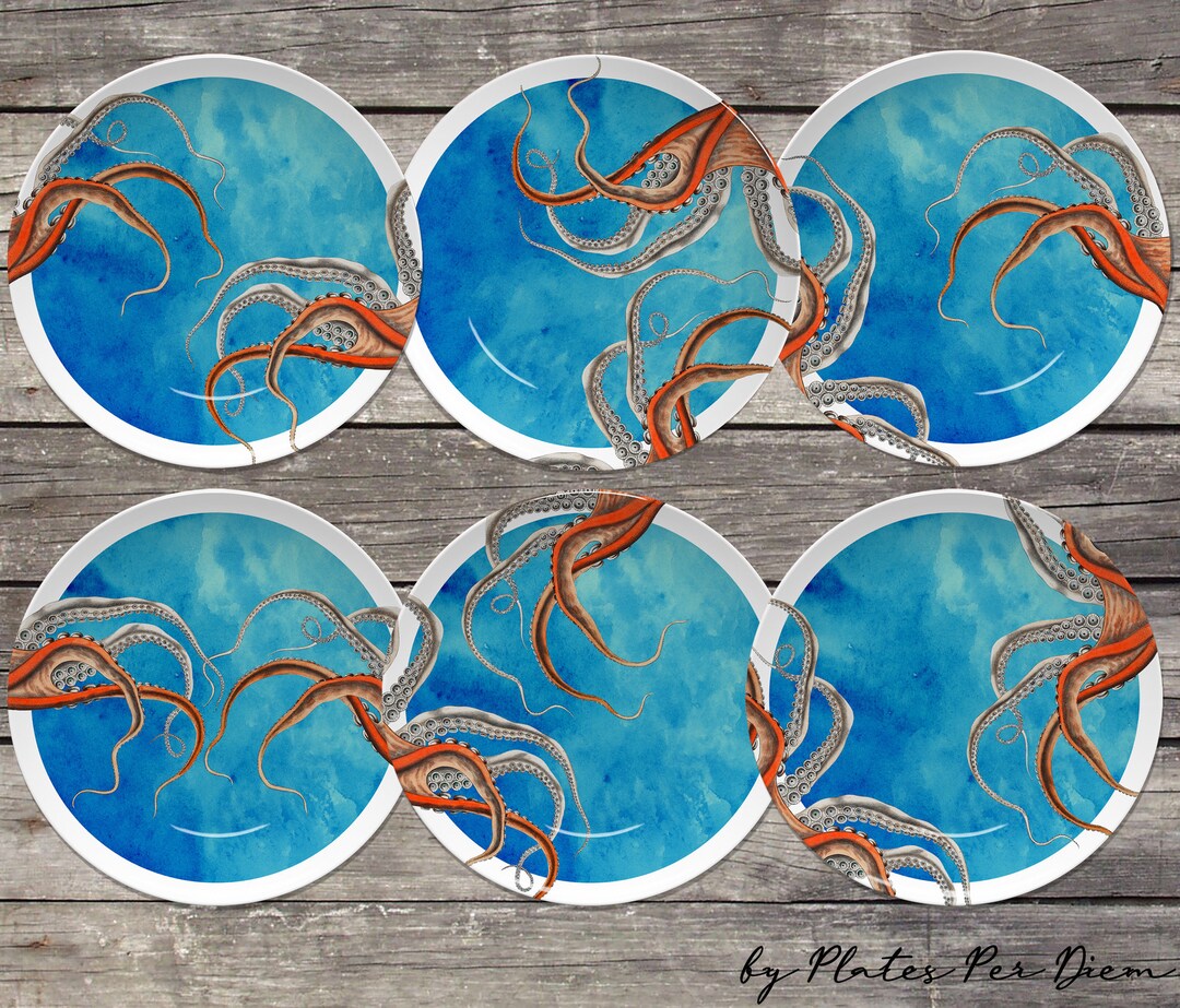 Blue Octopus Plates Dinnerware Set for Indoor and Outdoor Dining ...