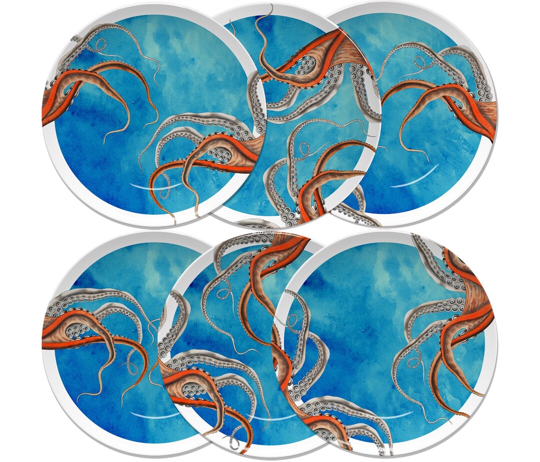 Blue Octopus Plates Dinnerware Set for Indoor and Outdoor Dining ...