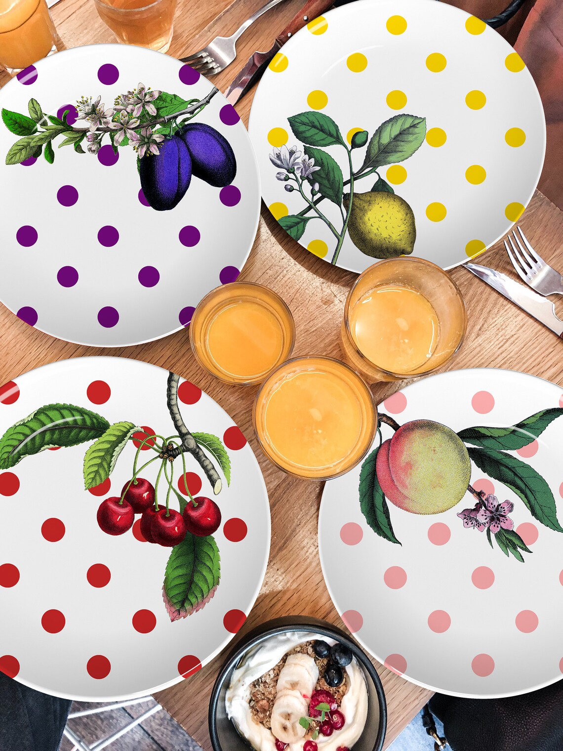 Fruit and Polka Dots Dinner Plate Set With Lemons Cherries - Etsy
