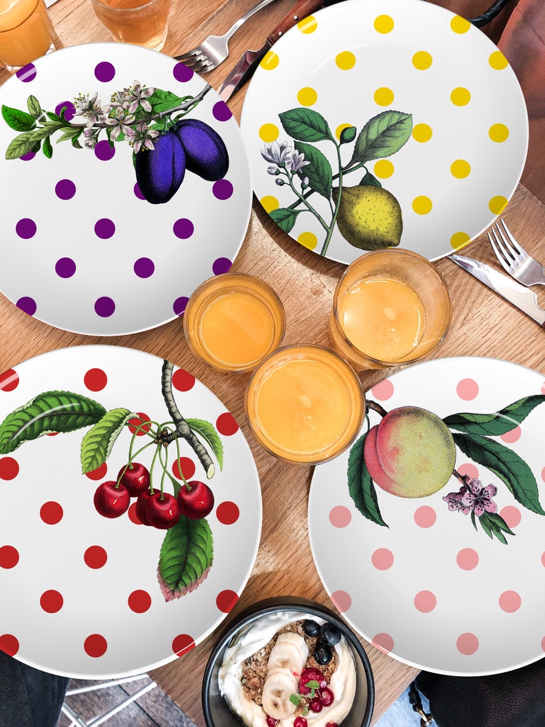 Fruit and Polka Dots Dinner Plate Set With Lemons, Cherries, Plums and ...