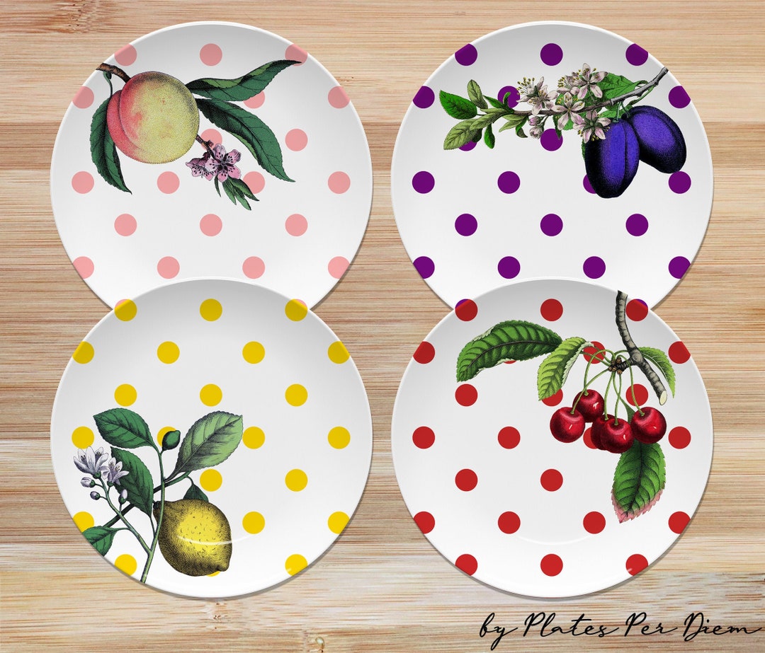 Fruit and Polka Dots Dinner Plate Set With Lemons, Cherries, Plums and ...
