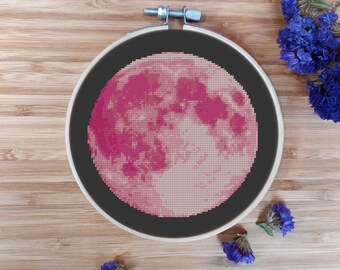 Pink Moon Cross Stitch Pattern Instant PDF Download Moon - Etsy