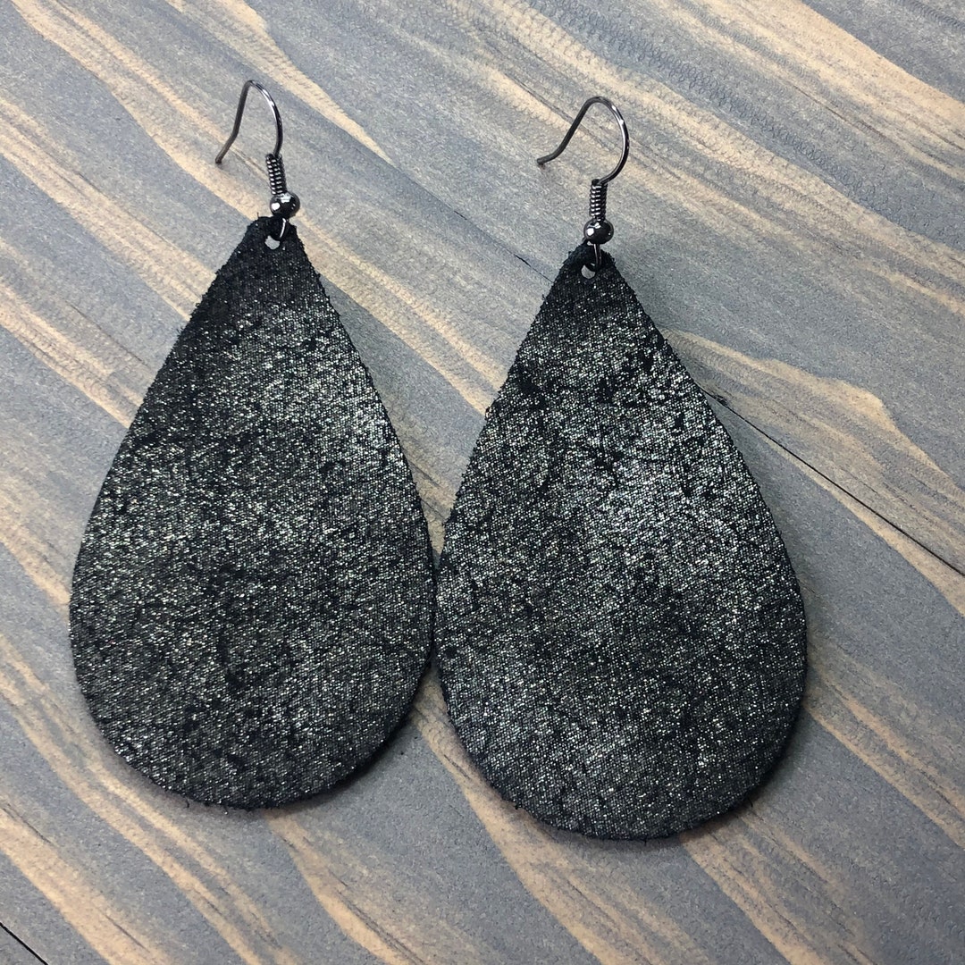 Silver Crackle Tear Drop Leather Earrings - Etsy