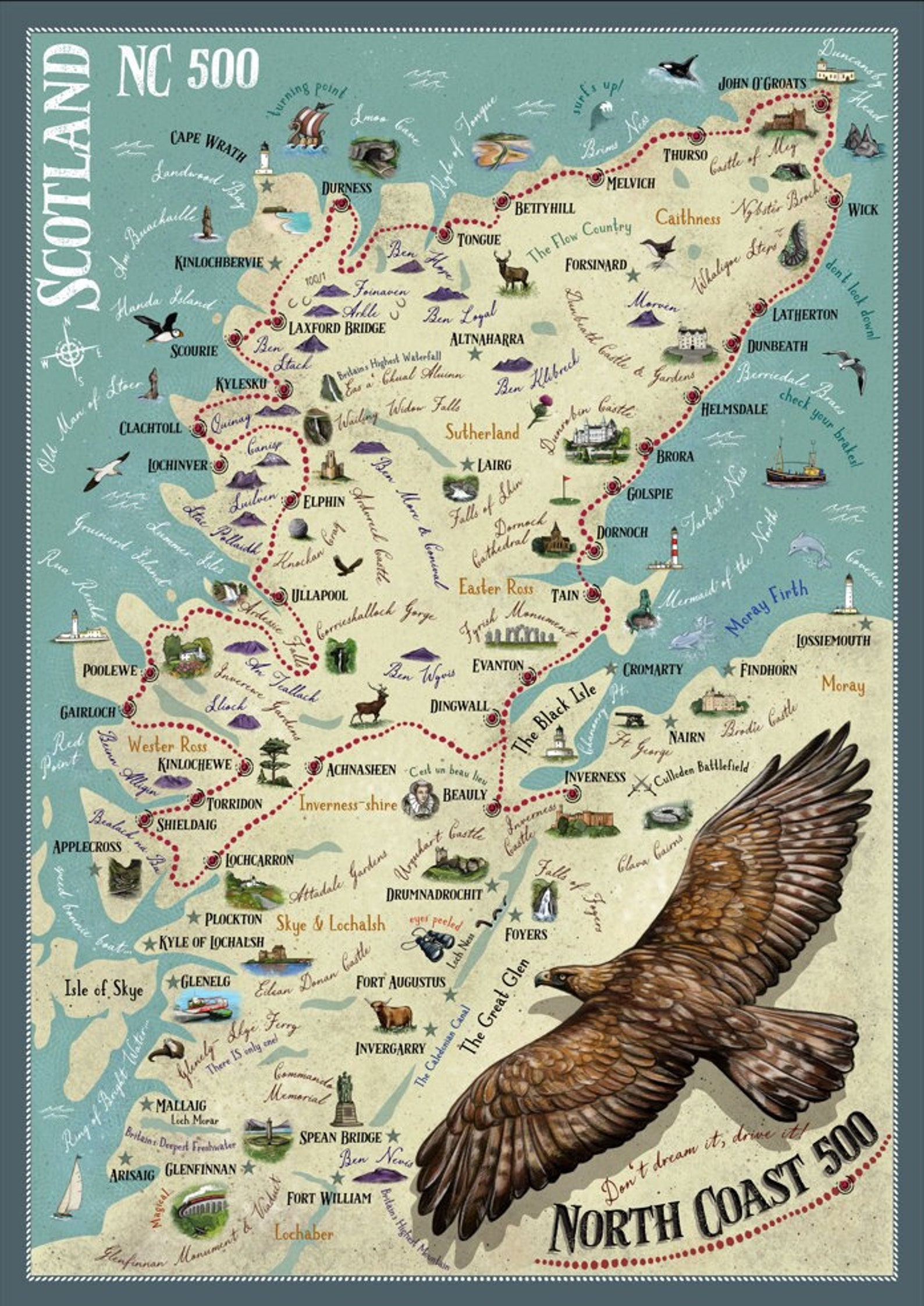 NC500 Illustrated Map Print of Scotland A3 - Etsy