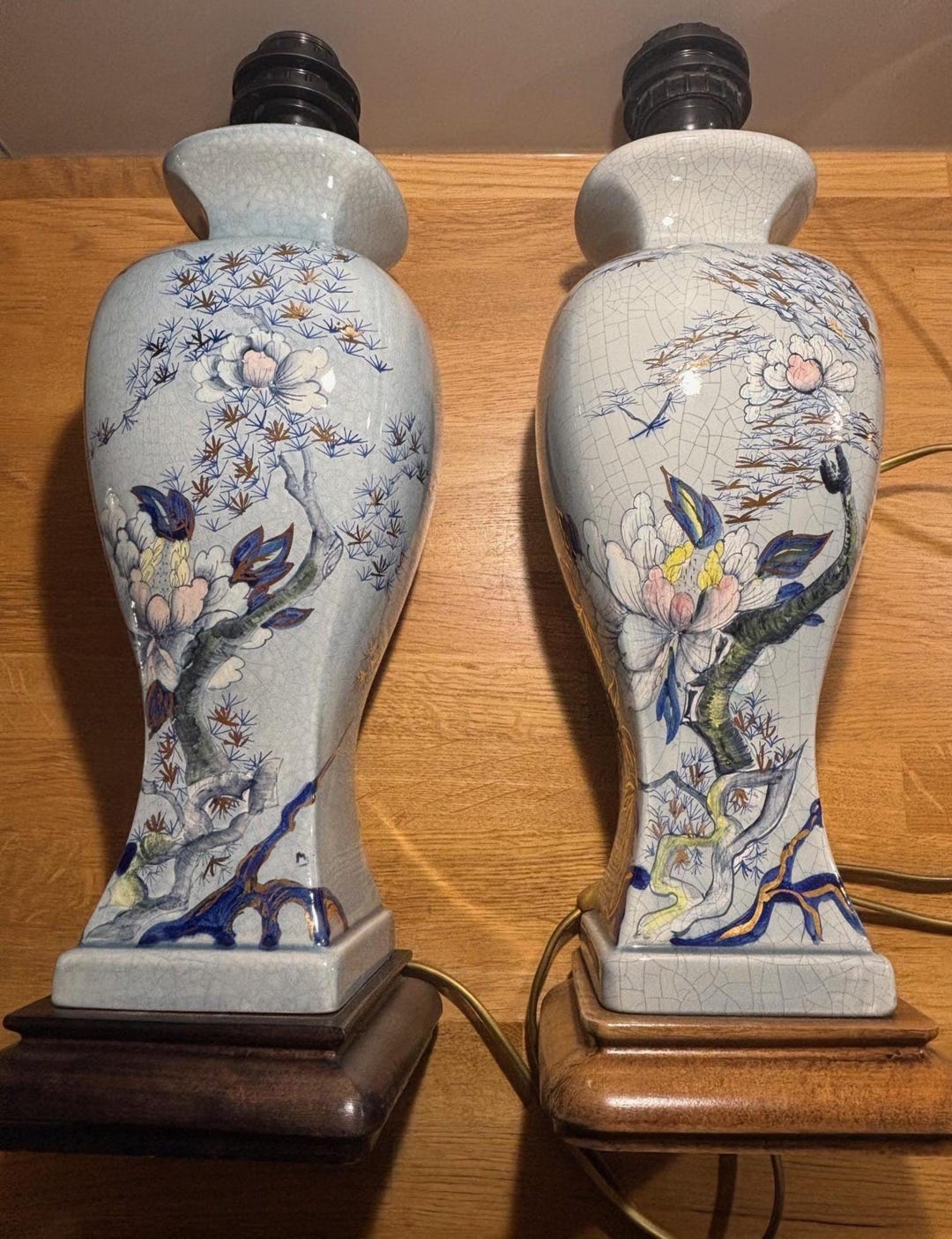 Pair of Vintage Blue Chinese Style Floral French Decor Main Lamp Bases ...