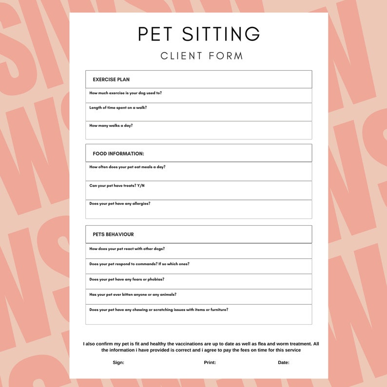 Rainbow Pet Sitting Consent Forms Pet Sitter Consent Form Dog Sitting ...