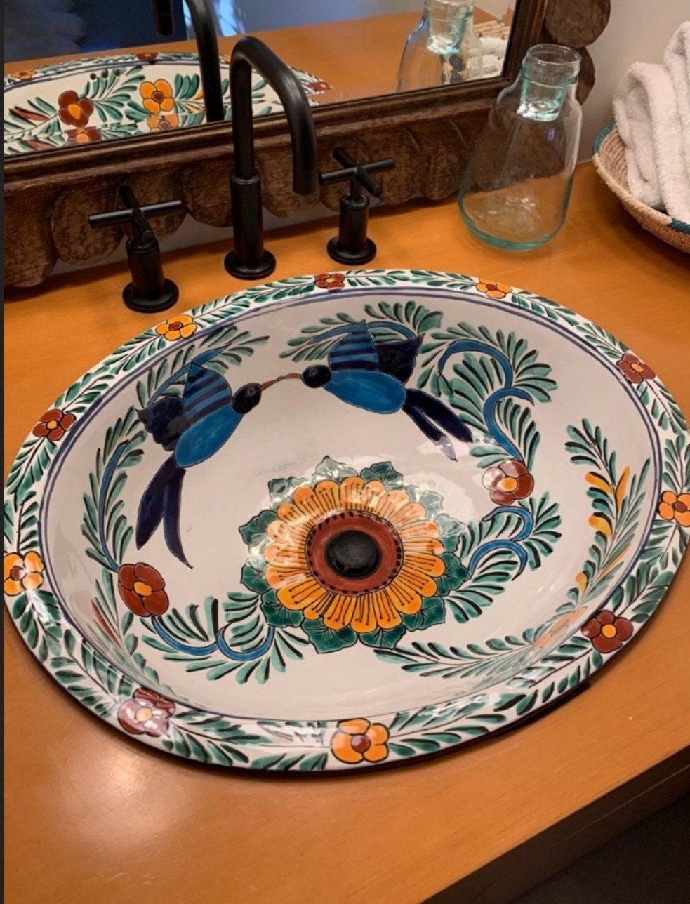 Mexican Talavera Sink Oval Drop in Handcrafted Ceramic - Blue Birds ...
