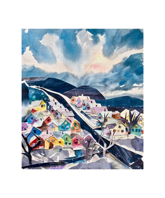 Watercolor Collage Giclee Mixed Media River Town Winter City - Etsy
