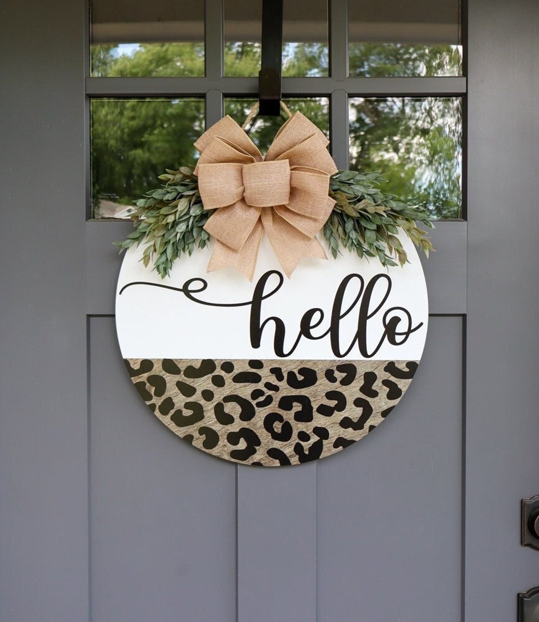 Leopard Print Door Sign | Front Door Wreath | Hello | Door Decor ...