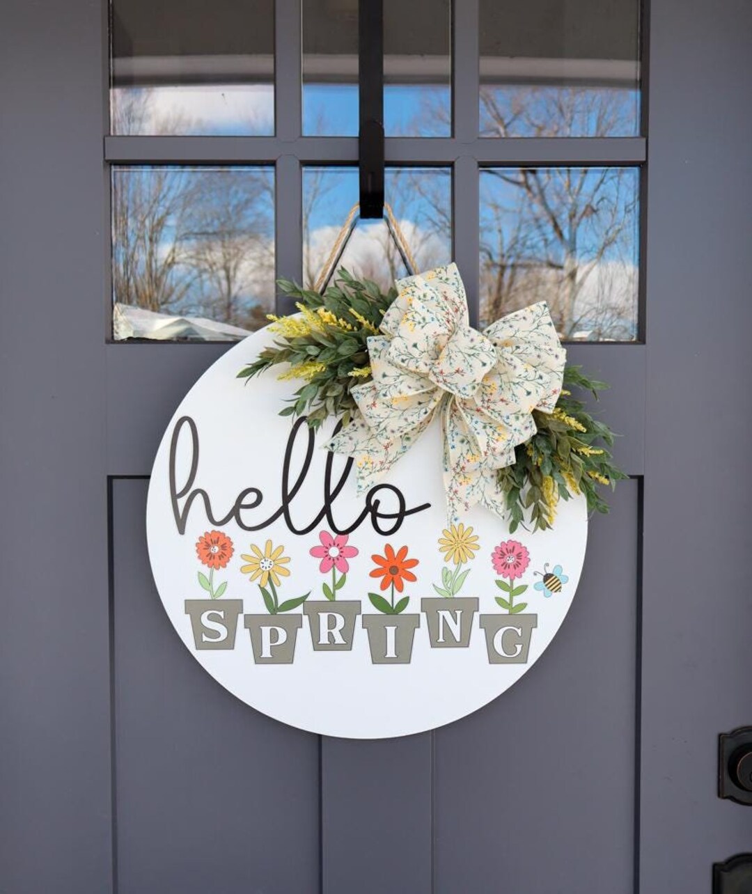 Spring Front Door Decor | Hello Spring Wreath | Flower Pot Door Sign ...