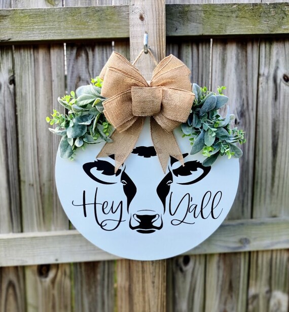 Front Door Decor Hey Y'all Cow Sign Welcome Front | Etsy