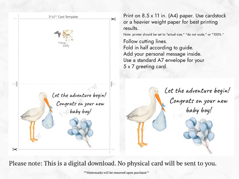 Stork Baby Boy Card: Printable Newborn Congratulations (PDF & JPG) - Etsy