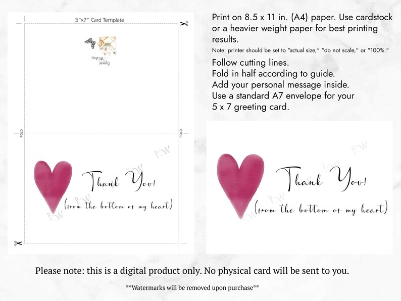 Printable Thank You Card, Thank You From the Bottom of My Heart Card ...