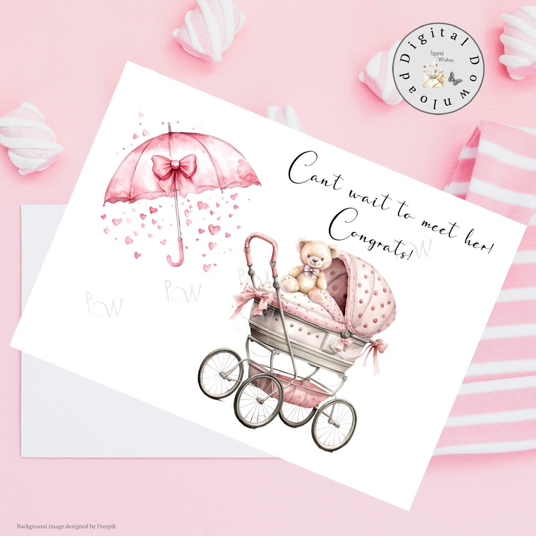 Printable Baby Card, Baby Girl Shower Card, Cute Teddy Bear Card ...