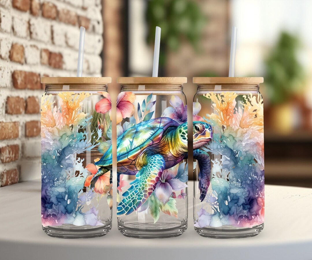 Colorful Sea Turtle Can Glass 16 Oz Tumbler, Watercolor Sea Turtle Beer ...