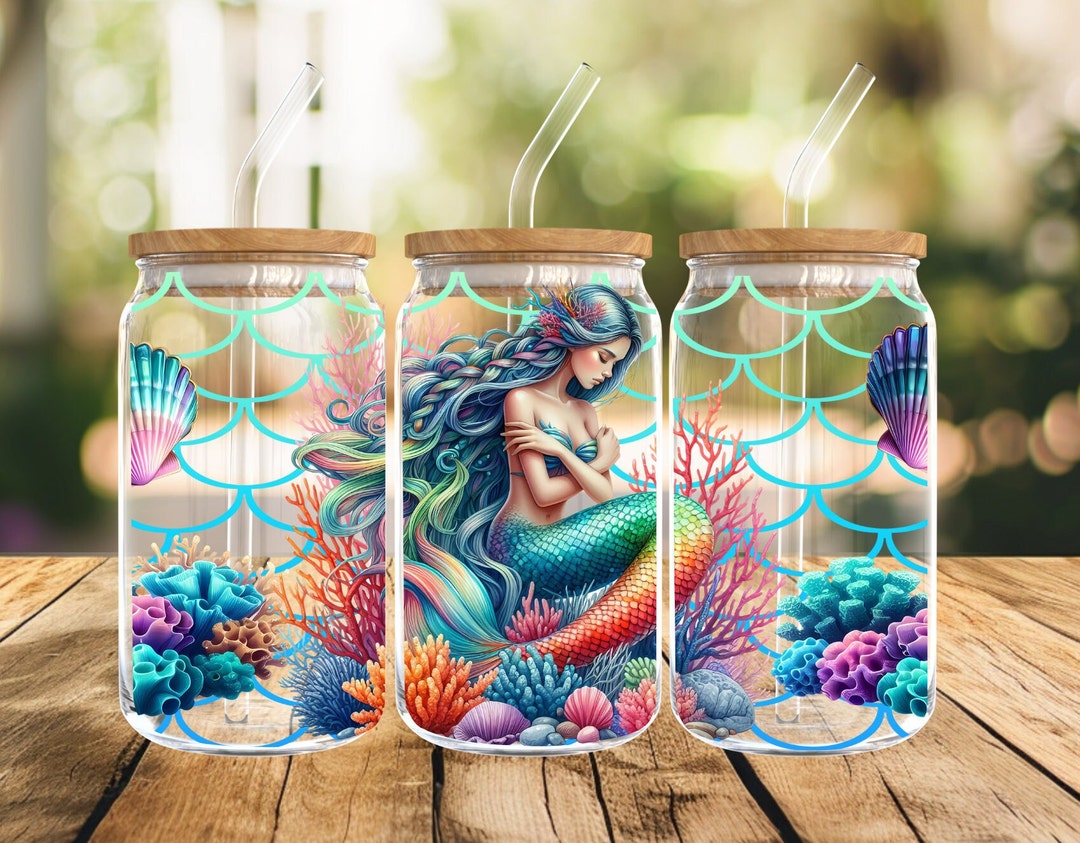Mermaid Design Can Glass 16 Oz, Colorful Seashells and Coral Design ...