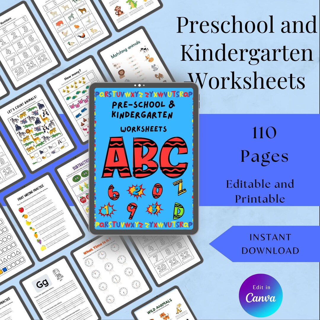 Preschool Kindergarten Worksheets: 110 Pages, Math, Letters (digital ...