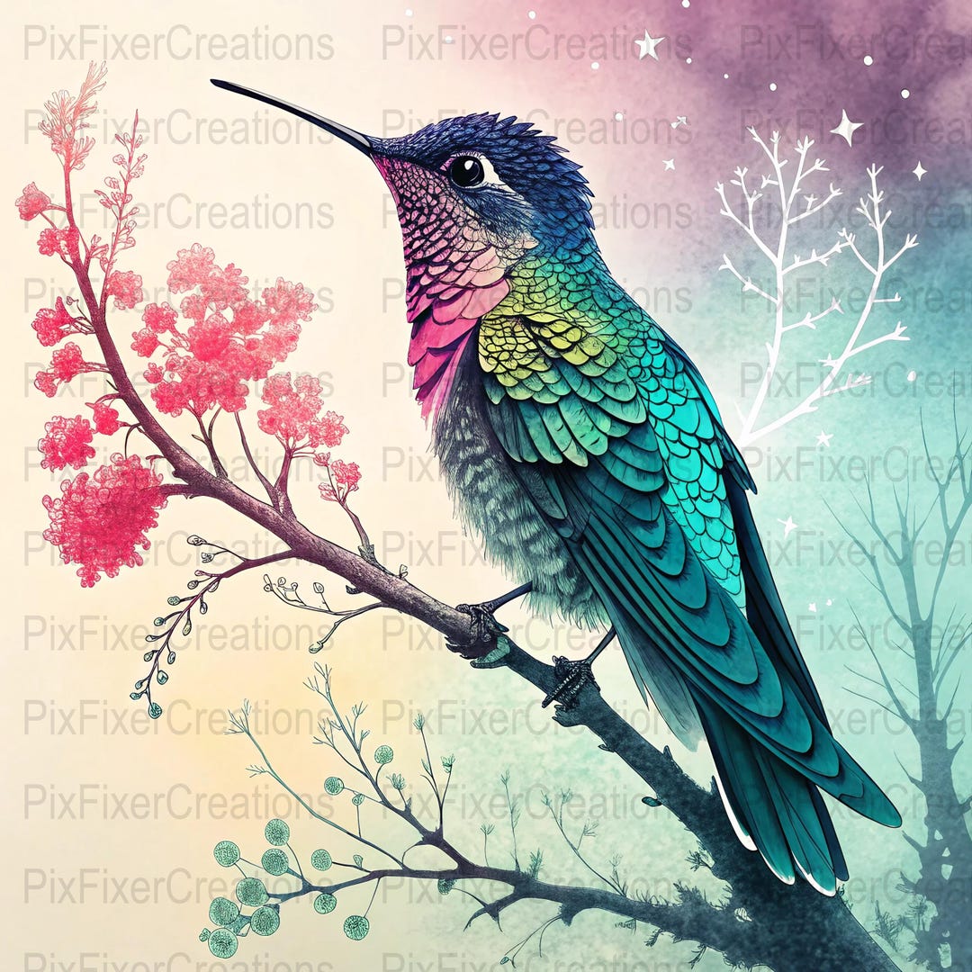 Colorful Hummingbird Art Print: Boho Wildlife Illustration (digital ...