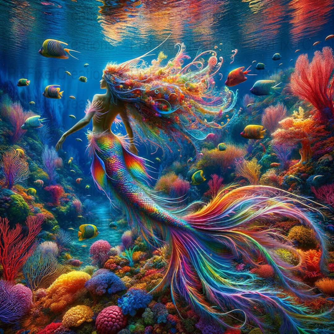 Fantasy Mermaid Digital Paper, Colorful Mermaid Art, Underwater Scene ...
