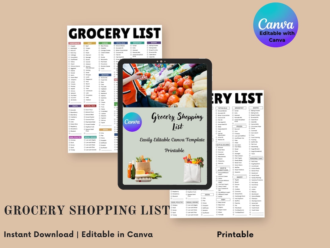 Editable Canva Grocery List Template: Printable Shopping Planner ...