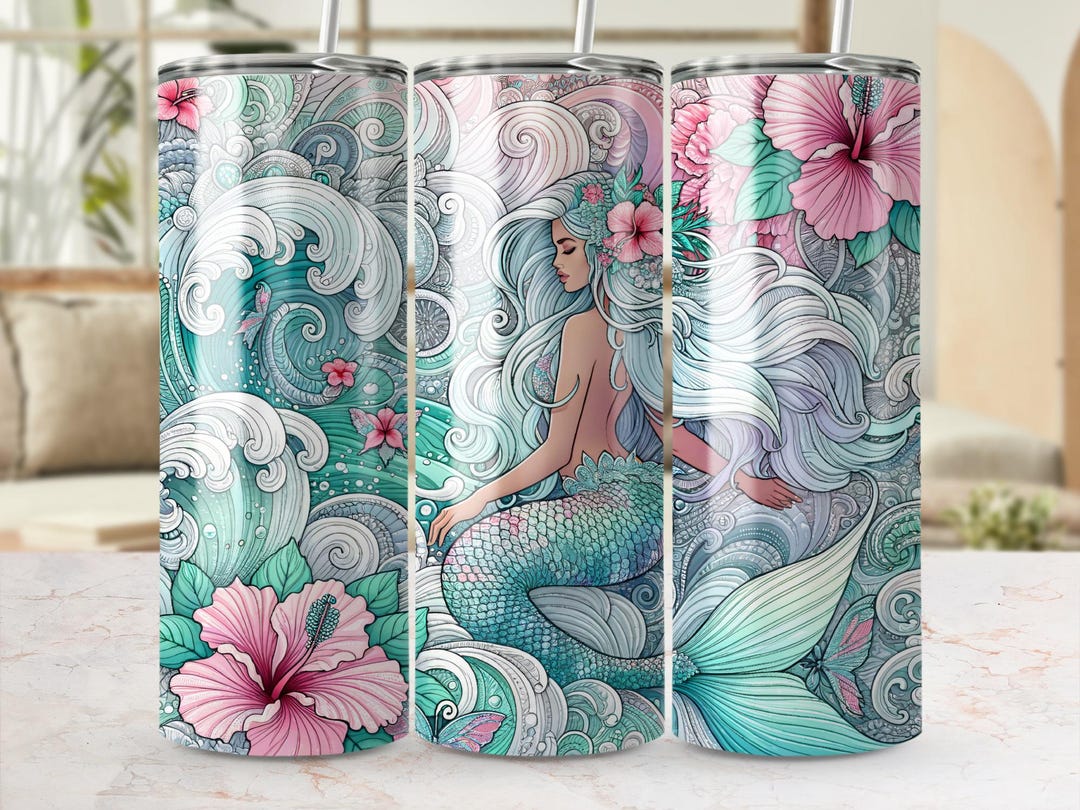 Mermaid Tumbler Wrap PNG, Floral Ocean Waves Design (digital Download ...
