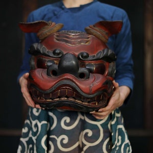 Japanese Antique 1800s Shishi BIG Wood Mask With Large Cloth Hand ...