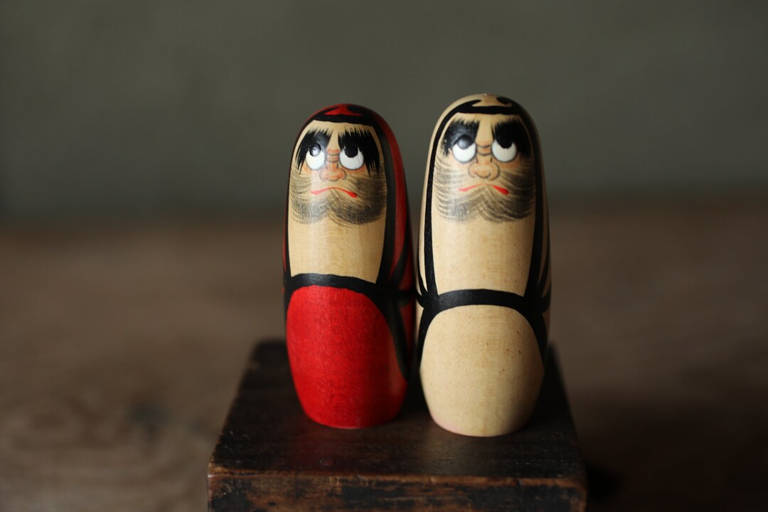 Japanese Pair of Character DARUMA Dolls Hand Carved Made of Wood With ...