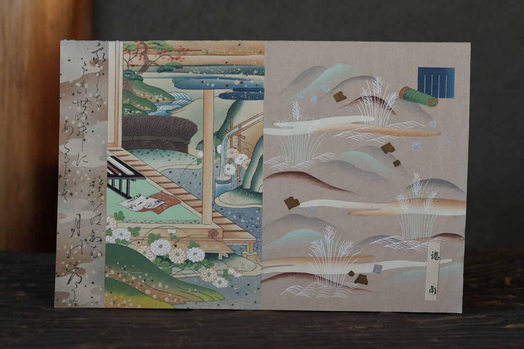 Japanese Vintage Hand Paint and Block Printing Art of Tale of Genji ...