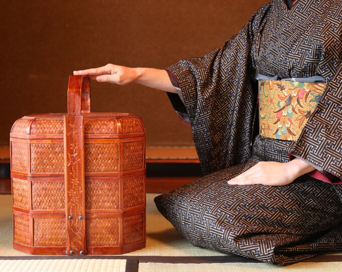 Japanese Vintage 1950s Large Bamboo Box for Tea Set BENTO Box Backpack ...