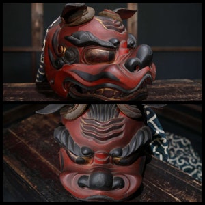 Japanese Antique 1800s Shishi BIG Wood Mask With Large Cloth Hand ...