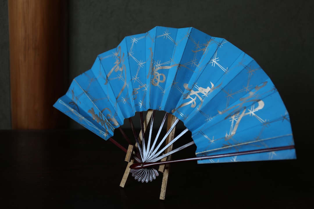 Japanese SENSU Vintage Hand Fan Blue & Silver Painted Kanji 寿 ...