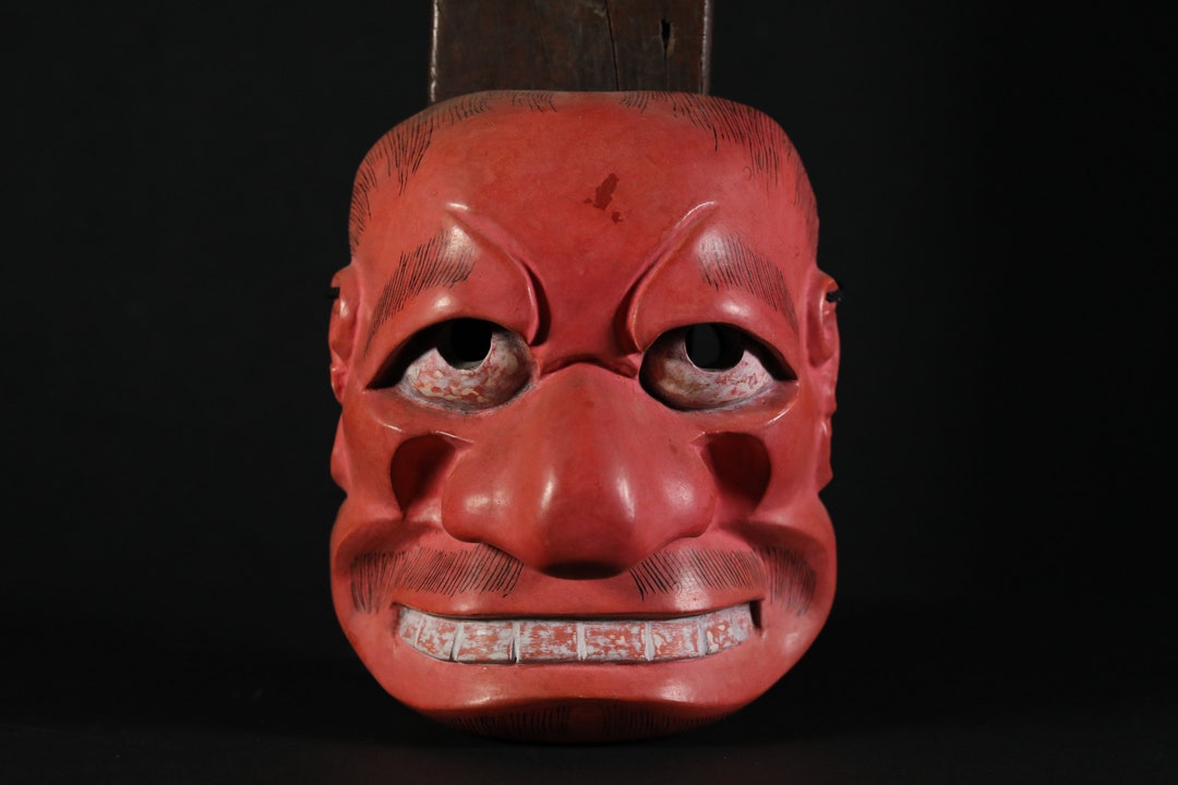 Japanese Antique Noh Mask Red Demon 武悪BUAKU Wood Carving Kyogen ...
