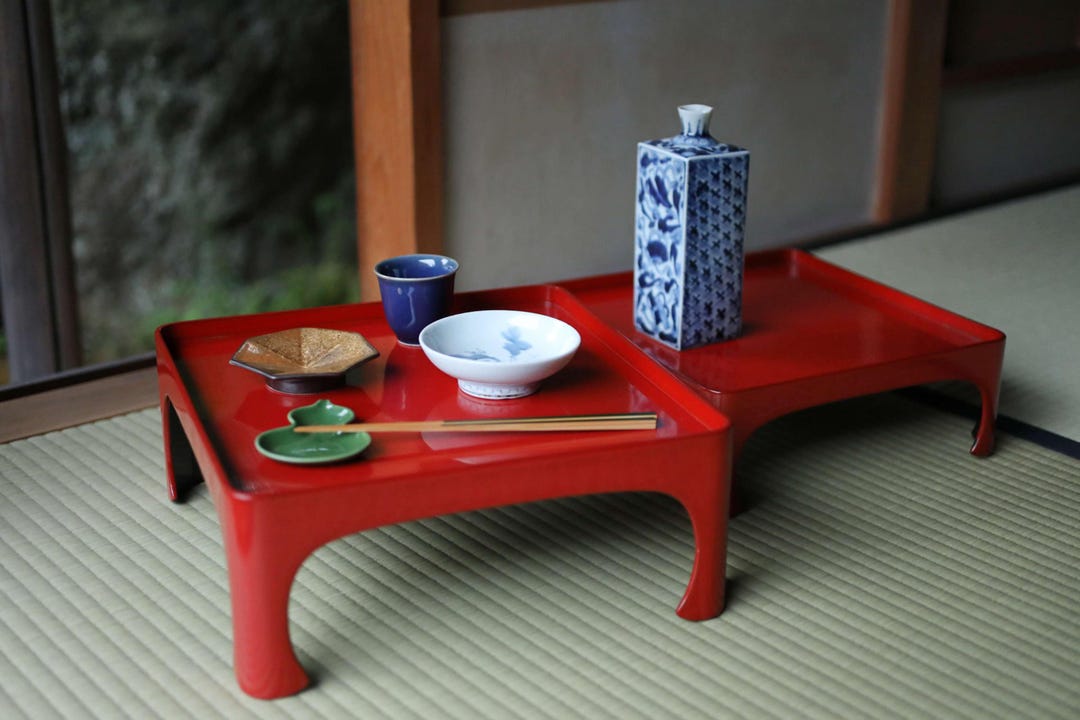 Lacquer Urushi- Antique Japanese Tray Set, Red Wood Ozen Serving ...