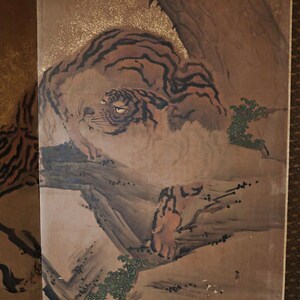 FINE! Japanese Antique Furniture 1800s Edo Byobu Wind Screen of Tiger ...