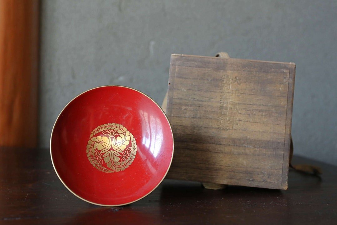 Japanese Vintage 1939s Red Lacquer Wooden Sake Cup With Wisteria Flower ...