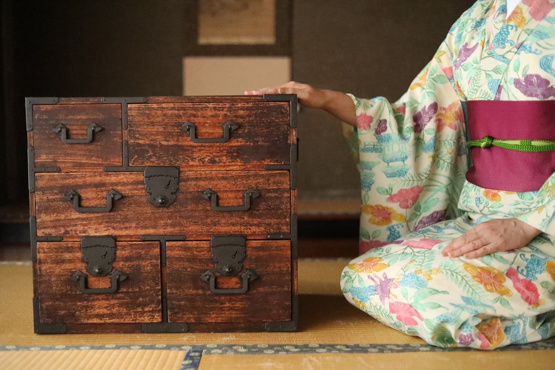 Japanese Antique Furniture Wooden Box Chest of Drawers "tansu" Old Flap ...