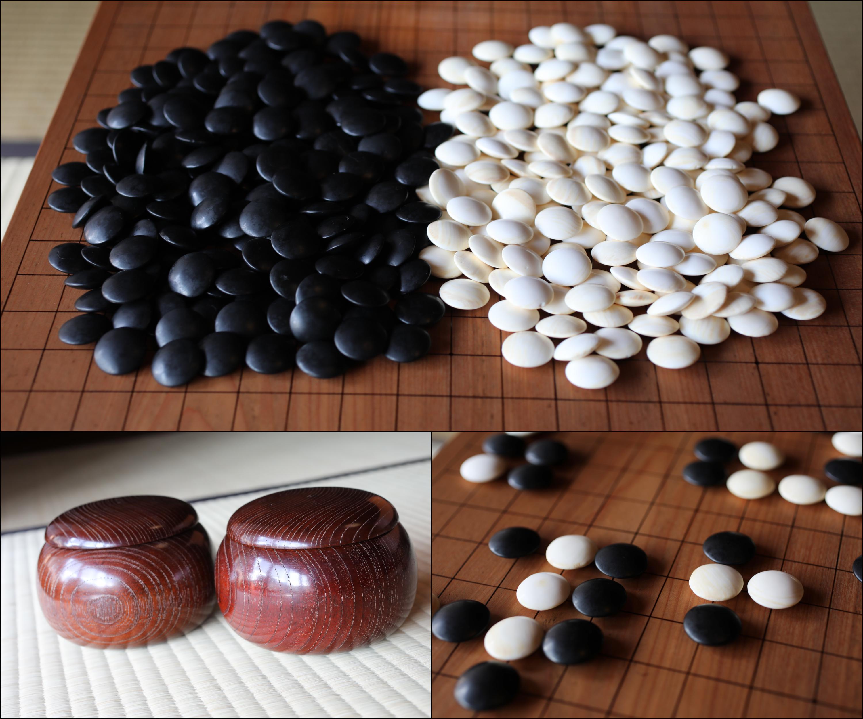 Japanese IGO Go Game Table Set, Stone HAMAGURI Shell Pieces, Wood Board ...