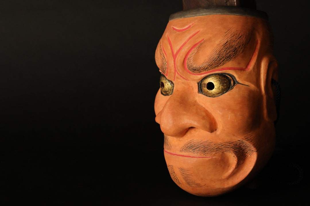 Japanese Antique Noh Mask Demon Wood Carving 大癋見obeshimi Buddhist ...