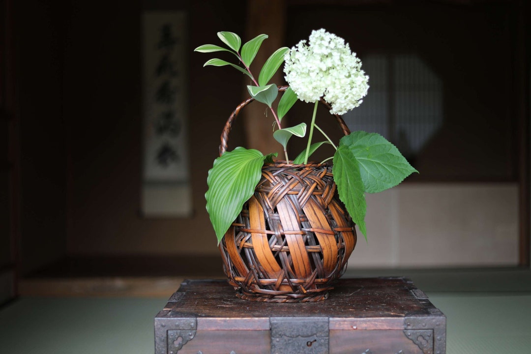 Japanese Antique Bamboo Woven Basket in Smoke Stained Color With Inner ...