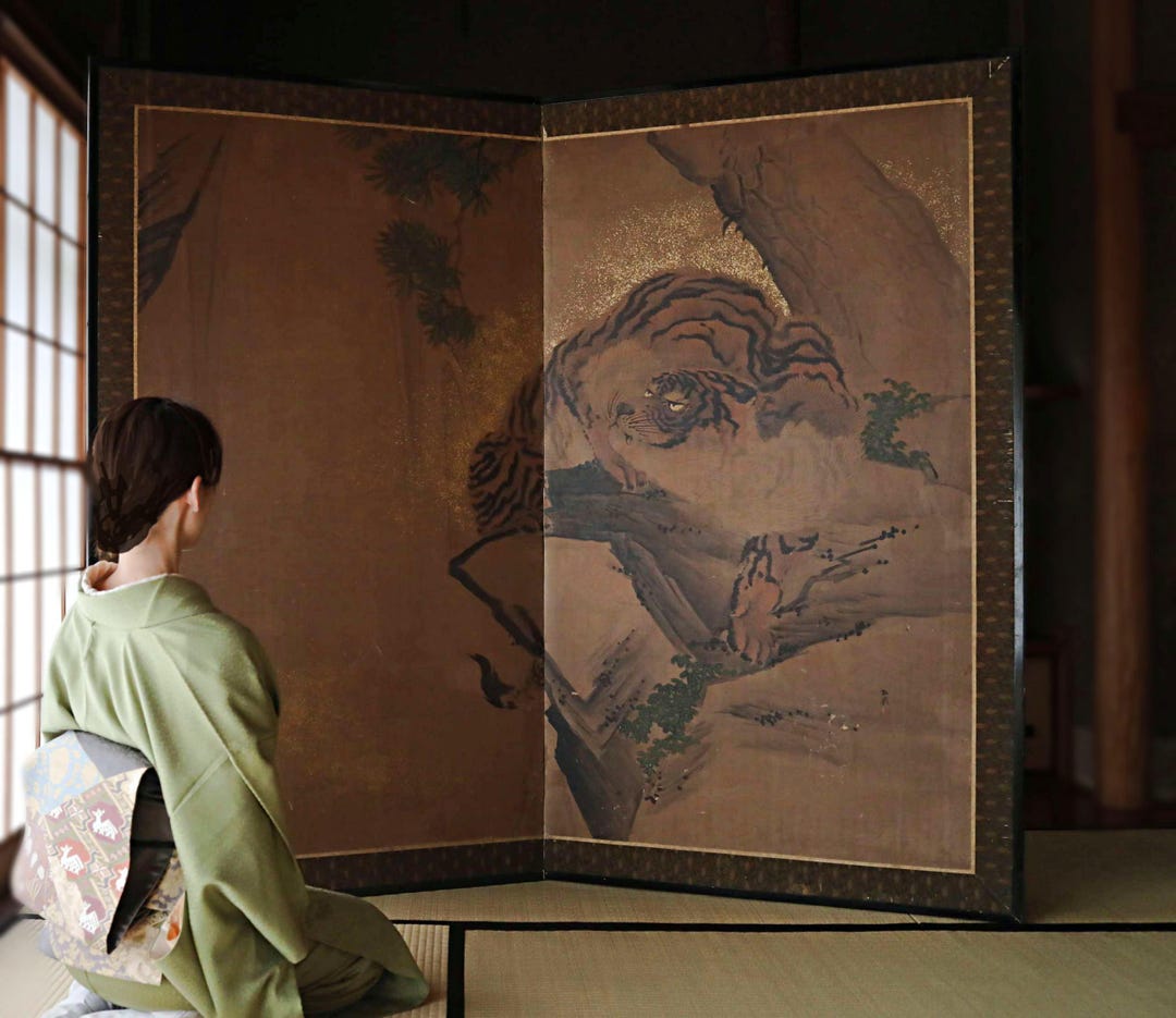 FINE! Japanese Antique Furniture 1800s Edo Byobu Wind Screen of Tiger ...