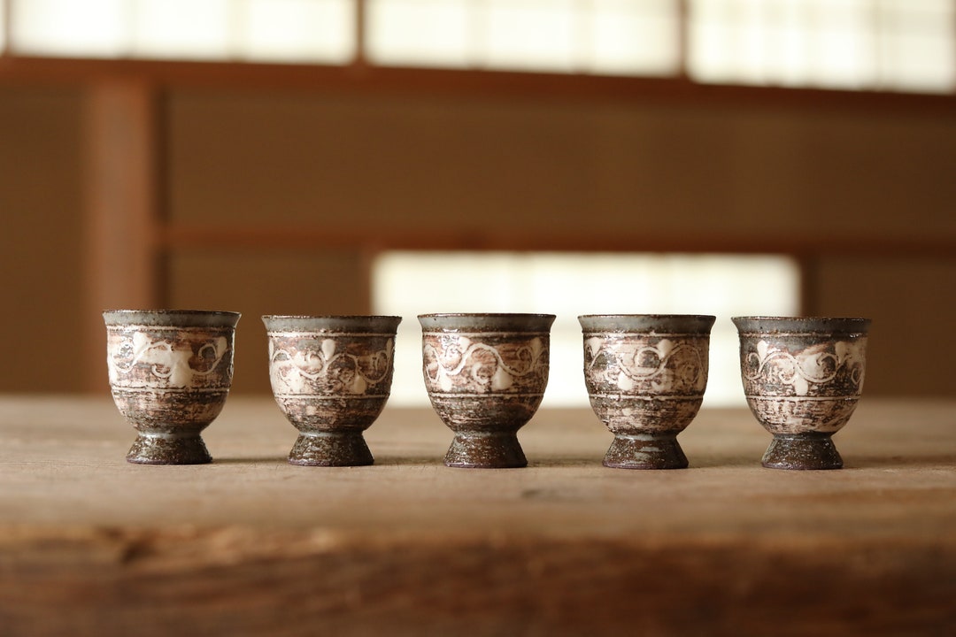 Japanese Vintage Set of 5 Small Sake Cup Light Gray and Beige Ash Glaze ...