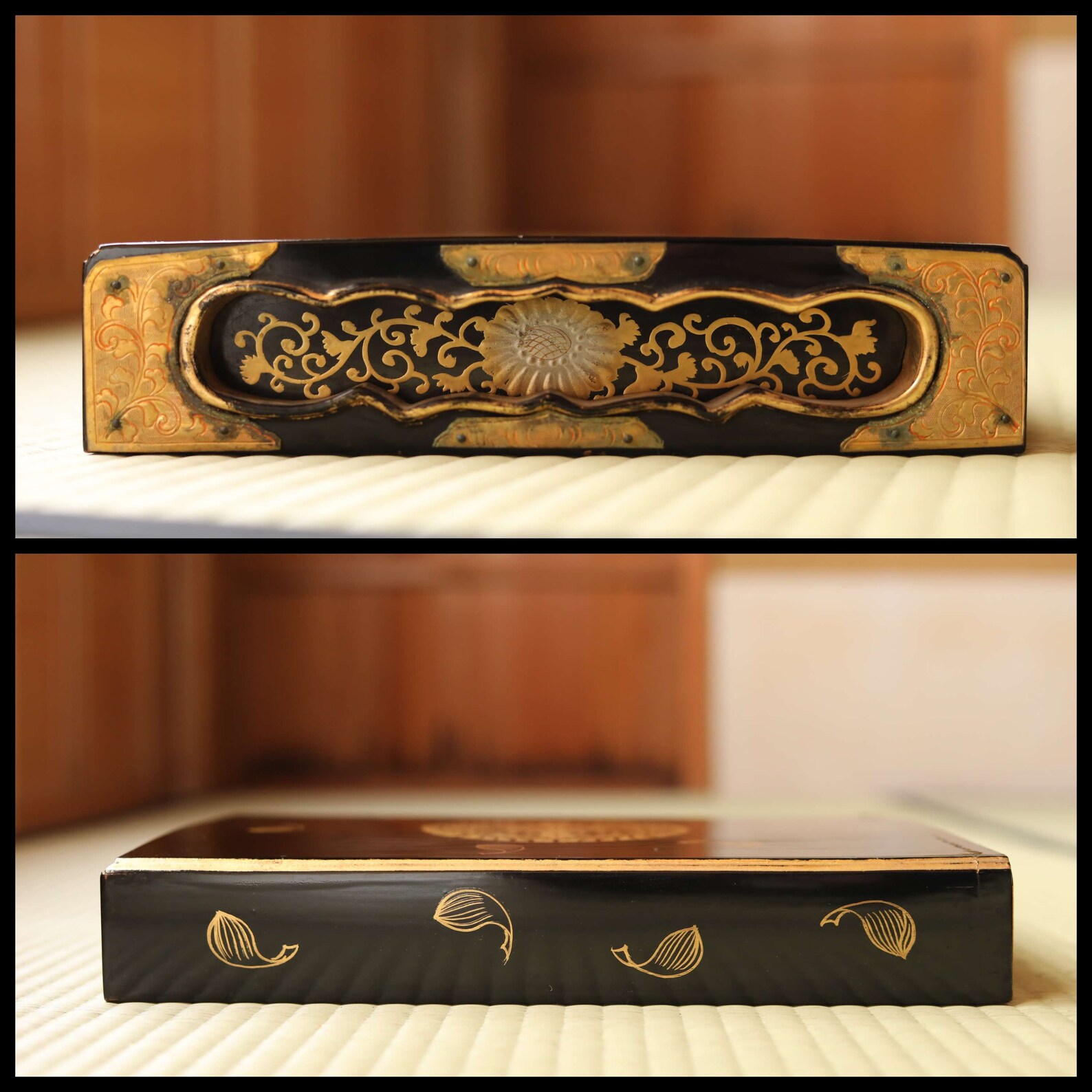 Japanese Makie Lacquer Box, Gold Wisteria Crest, Buddhist Sutra ...