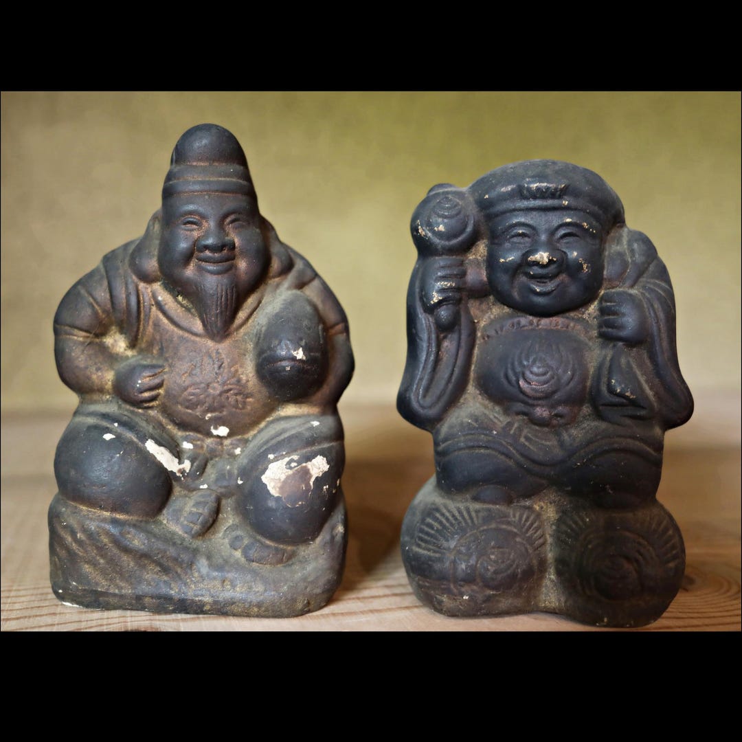 Shinto Omamori- Antique Ebisu and Daikoku Pottery Dolls, Soot-stained ...